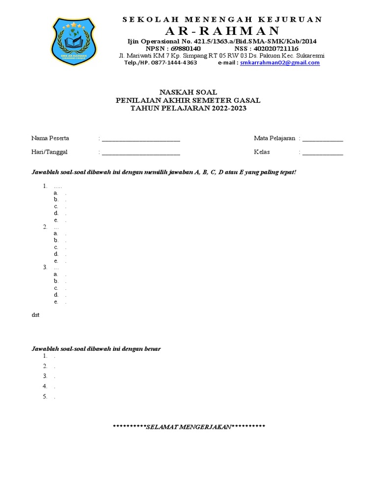 Contoh Kop Soal PAS Ganjil 22 23 | PDF
