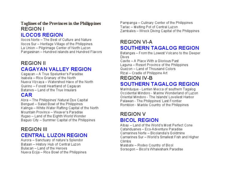 Taglines of The Provinces in The Philippines | PDF | Luzon | Philippines