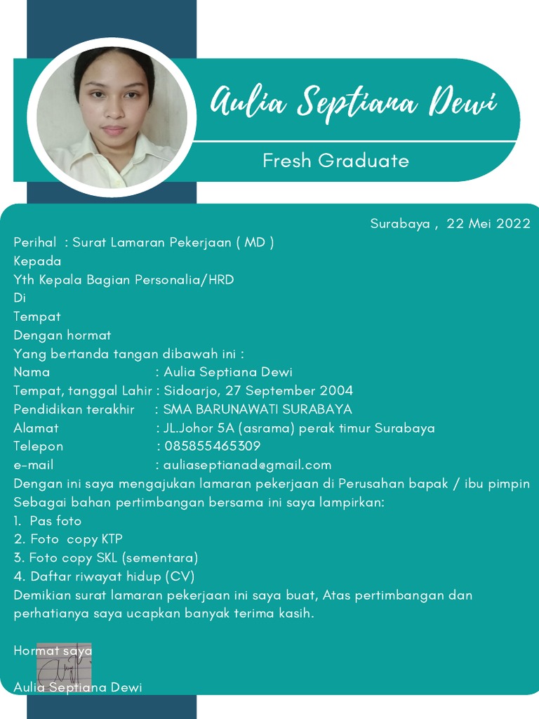 Surat Lamaran Dan CV - Aulia Septiana Dewi | PDF