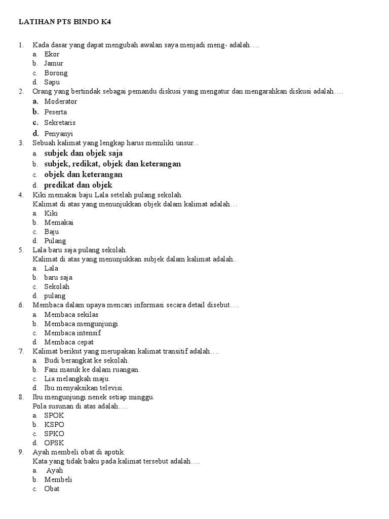 Latihan PTS Bindo K4 | PDF