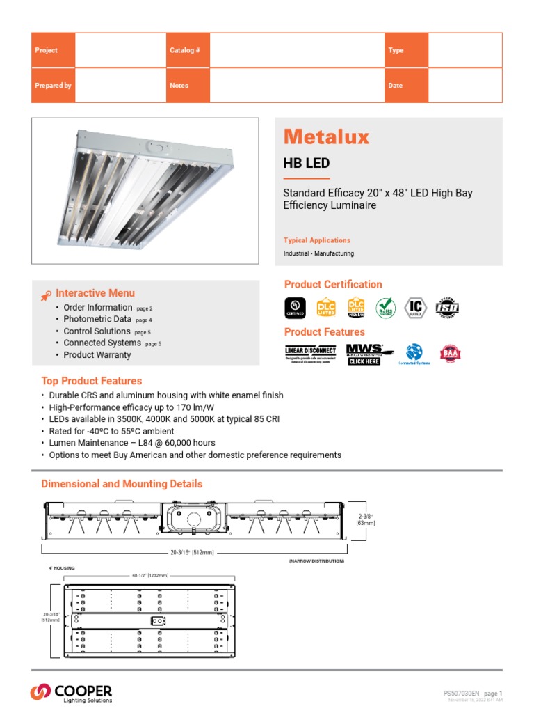 Metalux Hbled Standard Efficiency Specsheet - Hbled ld5 24se W Unv l850 ...