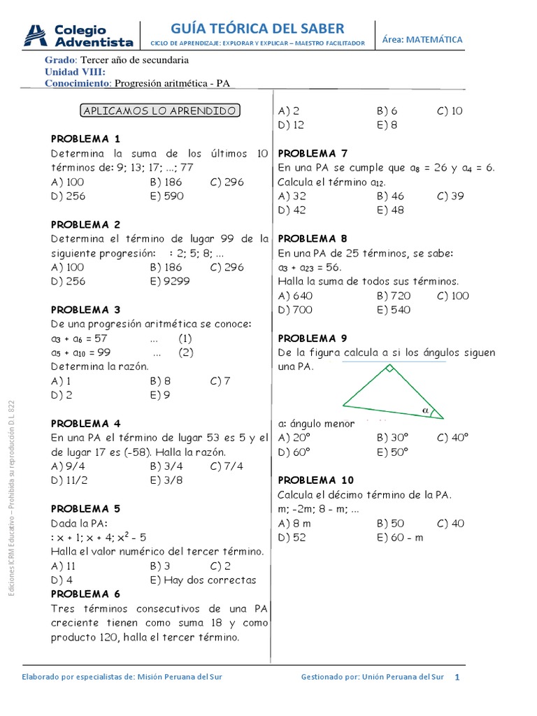 Guía teórica sobre progresiones aritméticas: problemas y ejercicios de práctica para tercer año ...
