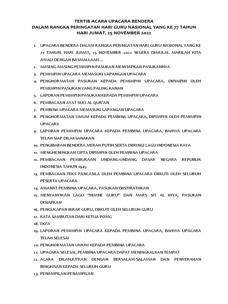 Tertib Acara Upacara Bendera Peringatan Hari Guru Nasional | PDF