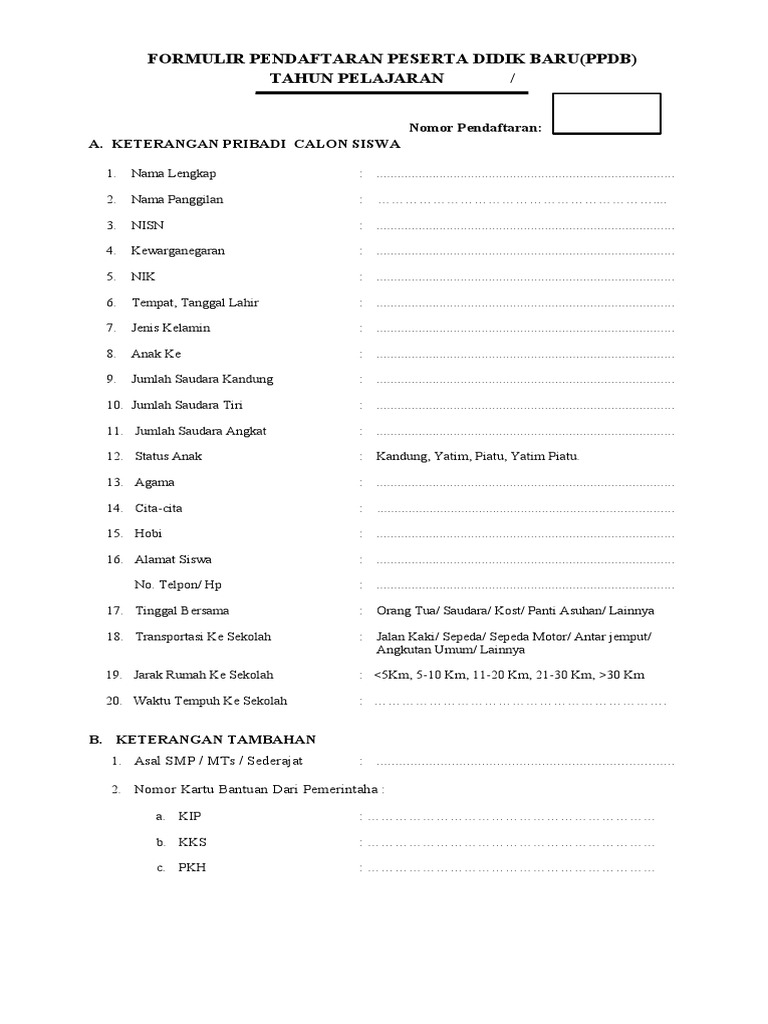 Formulir Pendaftaran Peserta Didik Baru | PDF Formulir Pendaftaran Peserta Didik Baru | PDF