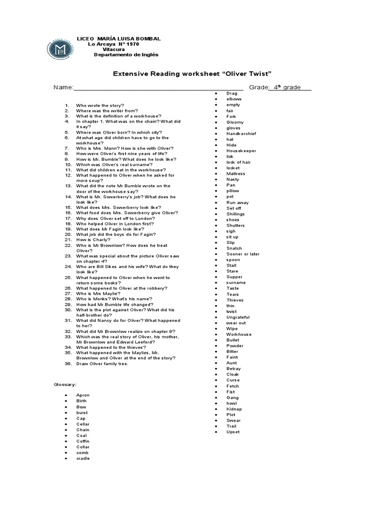 Oliver Twist Reading Worksheet | PDF | Charles Dickens | Novels About ...