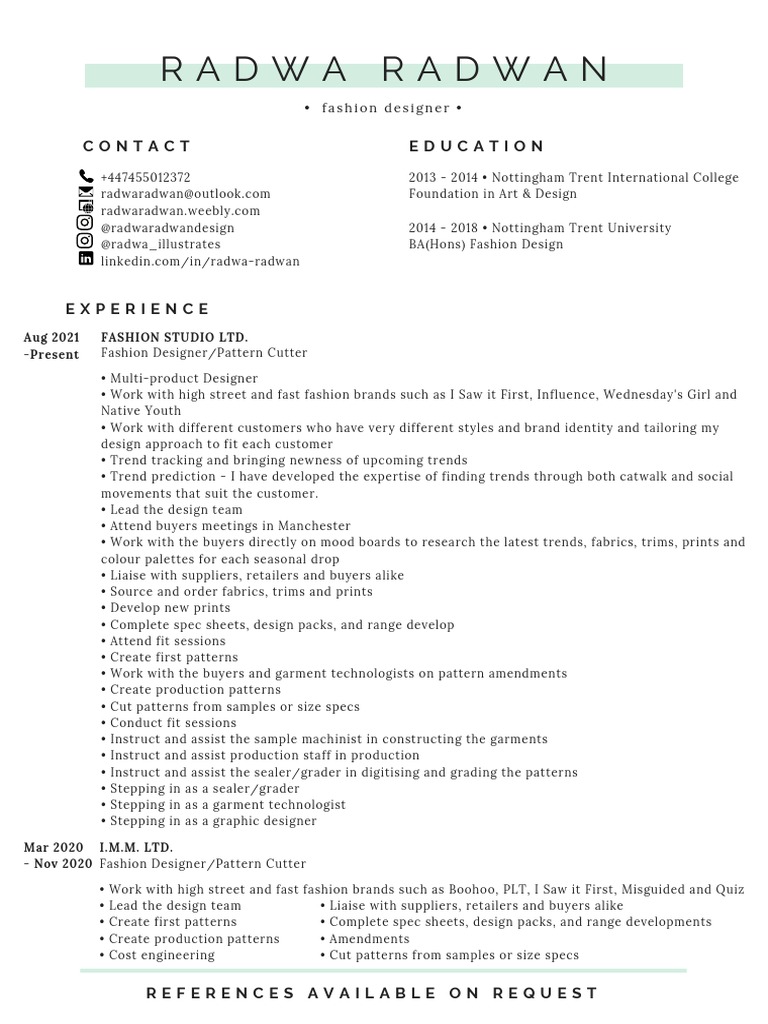 Radwa Radwan - CV - 2022-5 | PDF | Fashion Design | Fashion