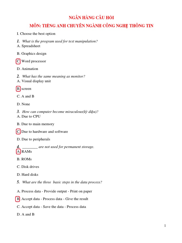 tiếng anh chuyên ngành-đáp án | PDF | Printer (Computing) | Central Processing Unit