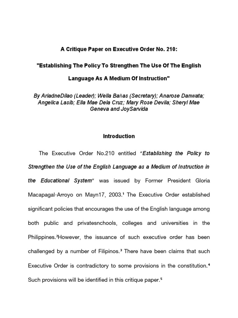 A Critique Paper On Executive Order No. 210: "Establishing The Policy To Strengthen The Use of ...
