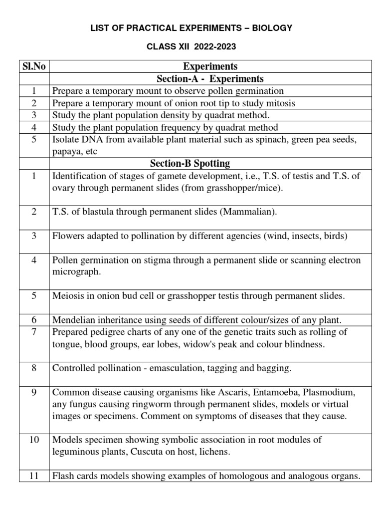 Class XII Biology Experiments | PDF | Science & Mathematics