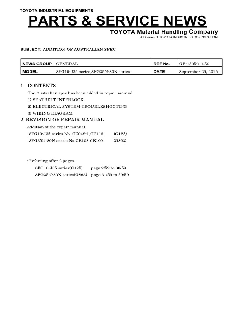 GE-15052 (UPDAT 8FG10-J35, 8fg35N-80N) | PDF | Seat Belt | Switch