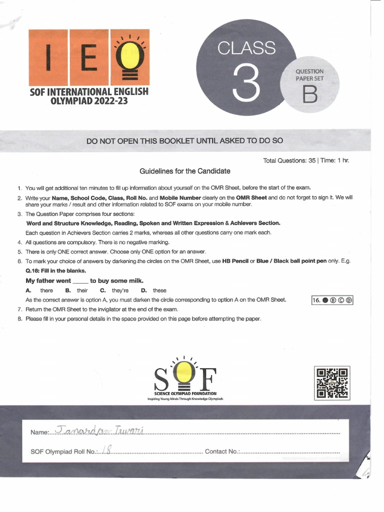 SOF IEO 2022 Class 3 Set B | PDF