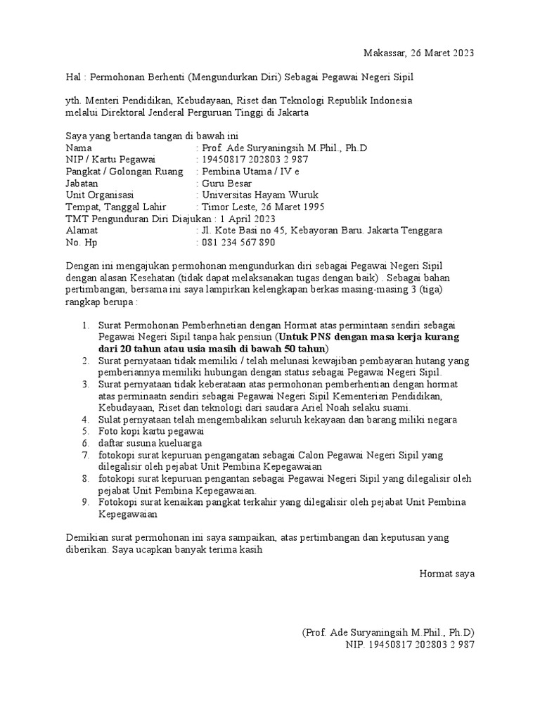 Contoh Surat Pengunduran Diri Sebagai Pegawai Negeri Sipil | PDF | Karier & Perkembangan | Hukum