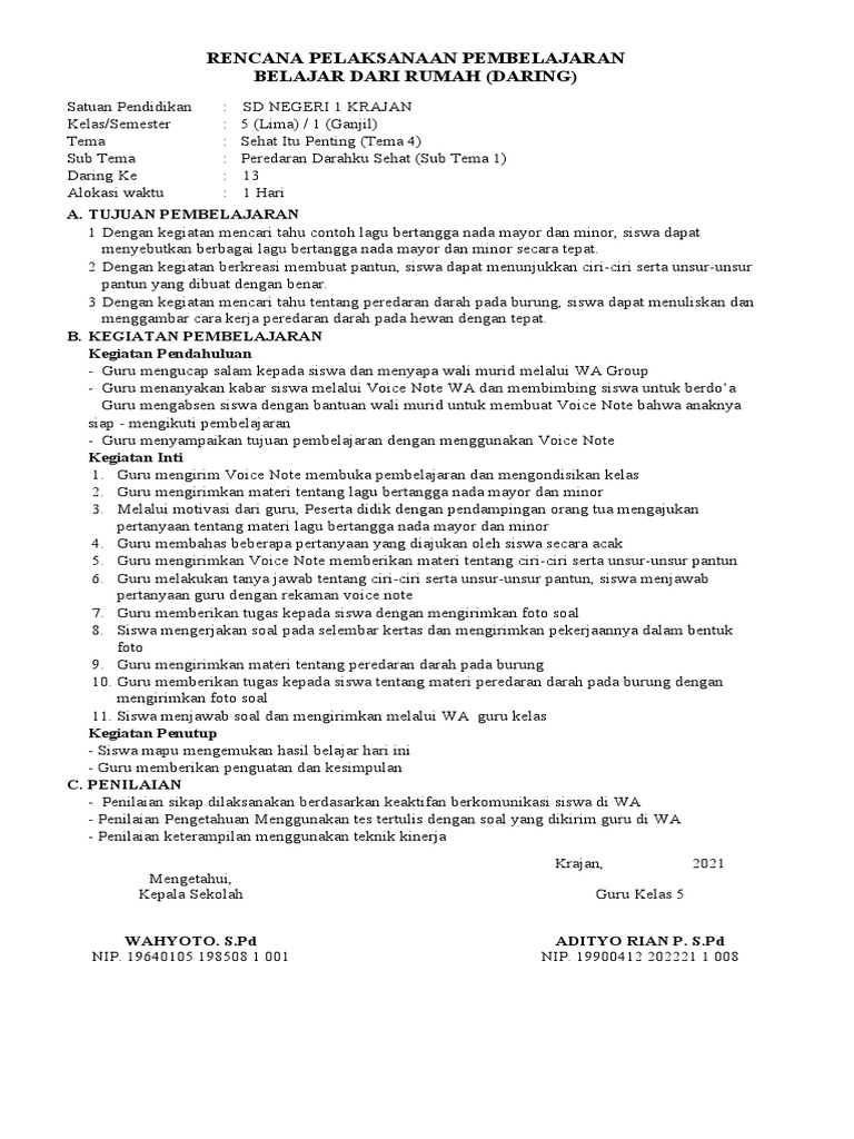 RPP Daring Kelas 5 Tema 4 | PDF