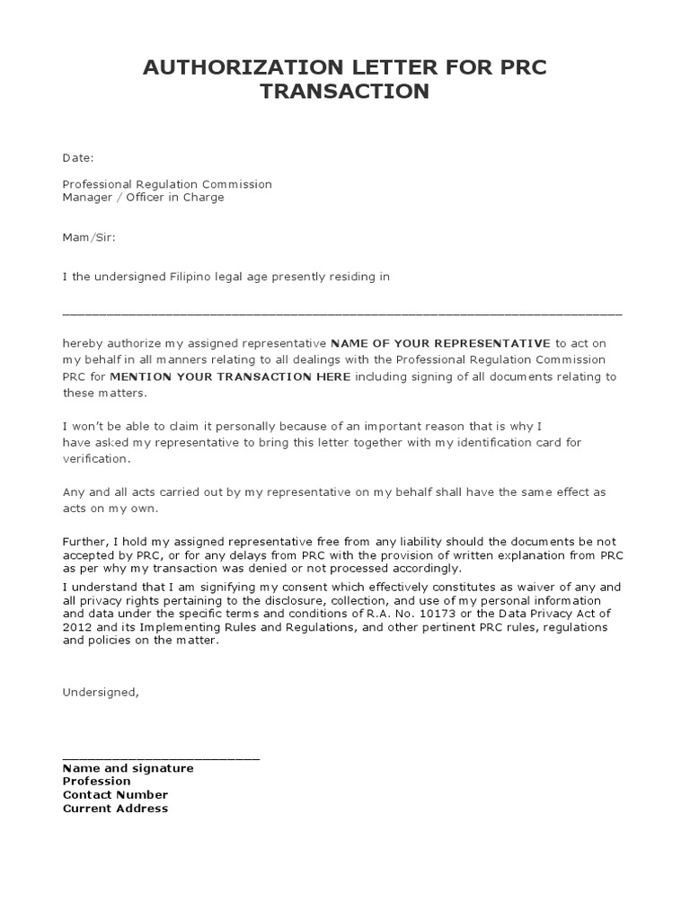 Authorization Letter For PRC Transaction | PDF