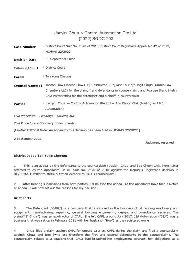 Jacyln Chua V Control Automation Pte LTD | PDF | Lawsuit | Appeal