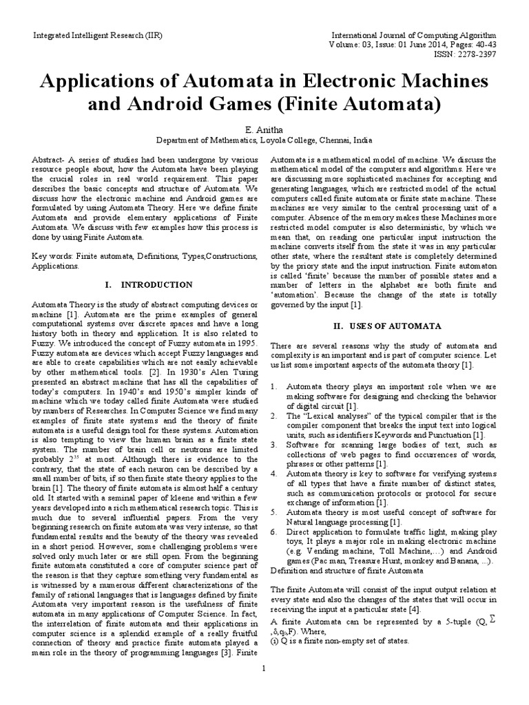 Applications Of Automata In Electronic Machines And Android Games