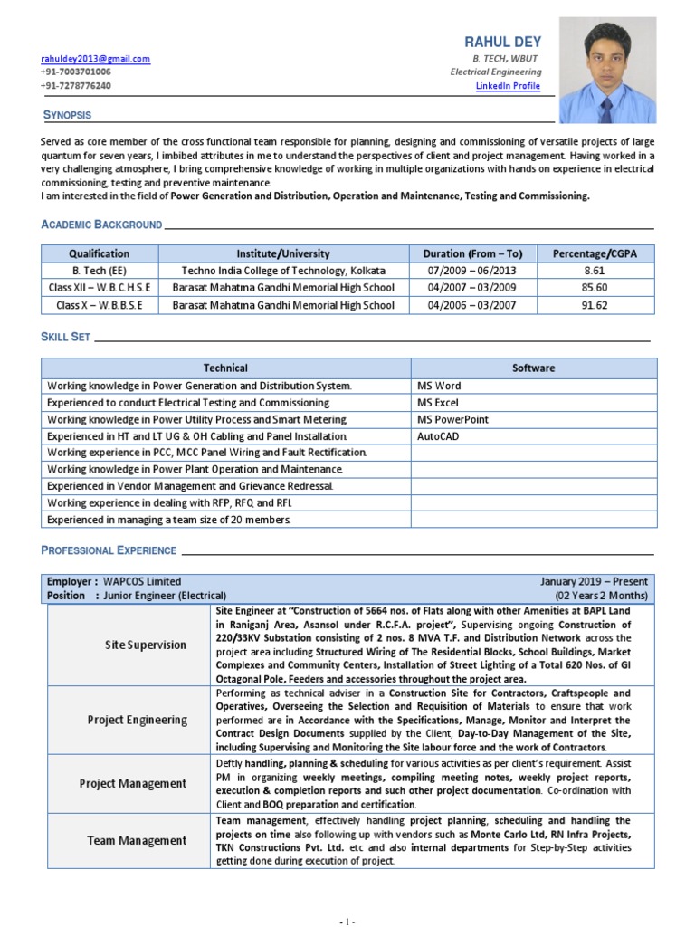 Resume Rahul Dey | PDF | Electric Power Distribution | Power Station