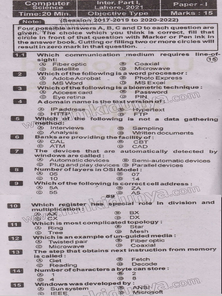Past Papers 2021 Lahore Board Inter Part 1 Computer Science Group I Objective Both Medium | PDF