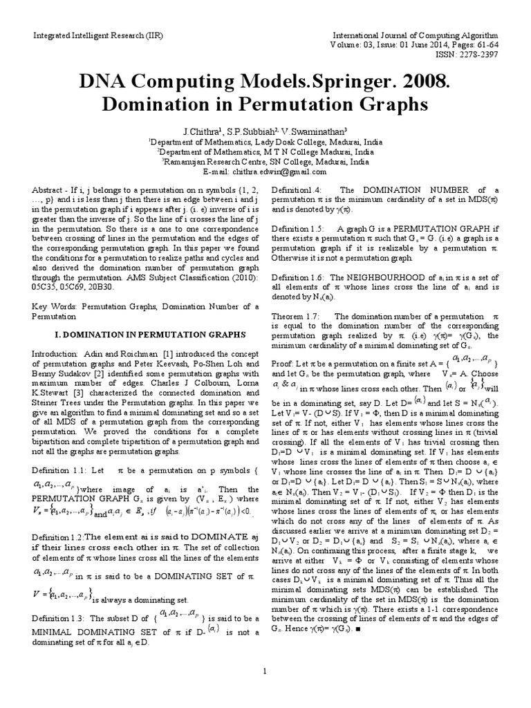 DNA Computing Models - Springer. 2008. Domination in Permutation Graphs ...