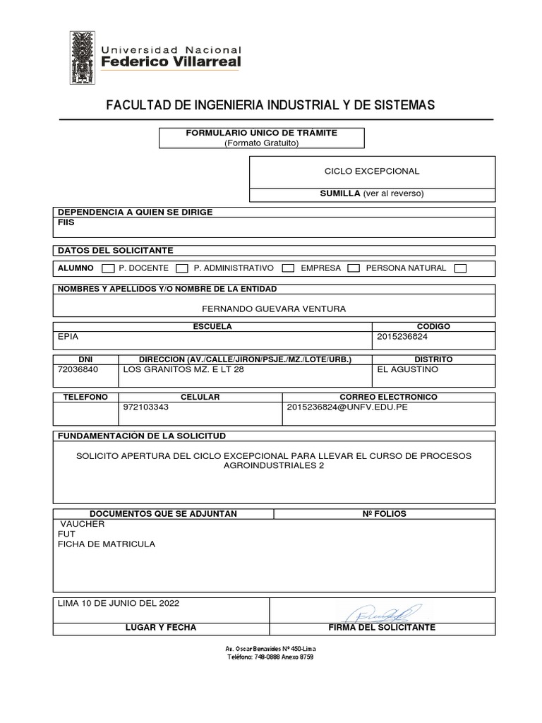 Formulario Unico de Tramite Fiis-Unfv | PDF