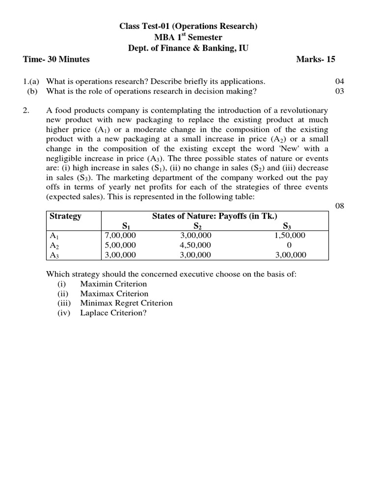 MBA Incourse Exam 01 | PDF