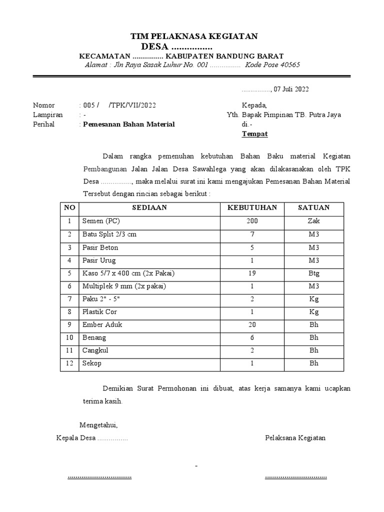 Pemesanan Barang Material | PDF