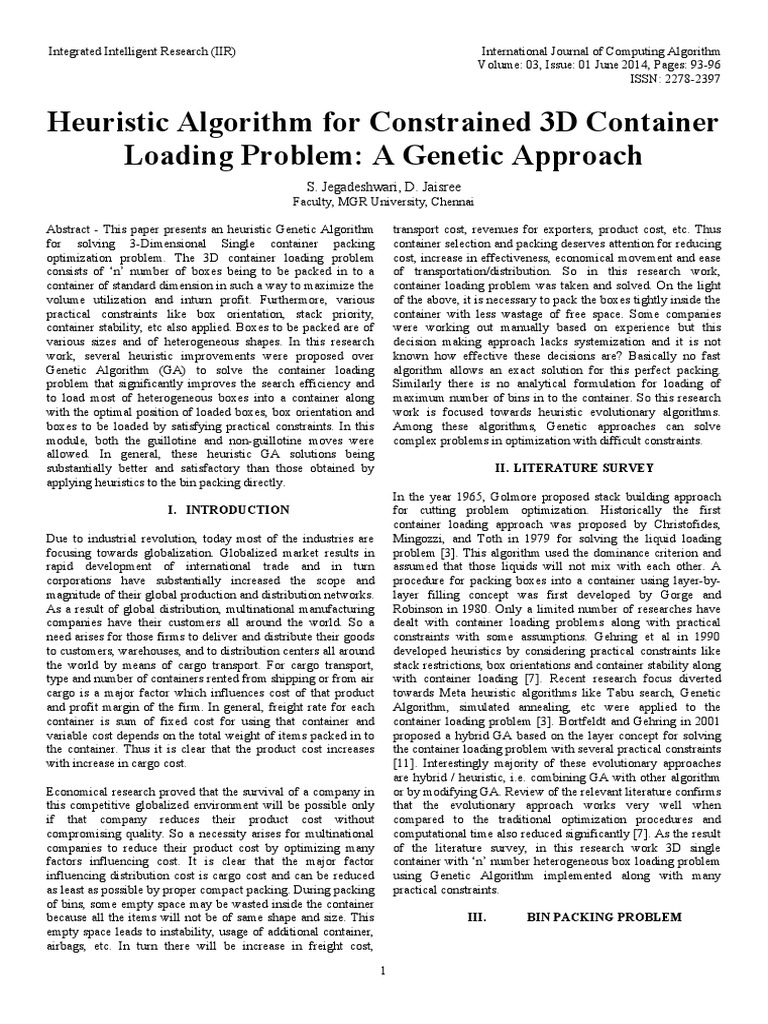Heuristic Algorithm For Constrained 3d Container Loading Problem A Genetic Approach Pdf