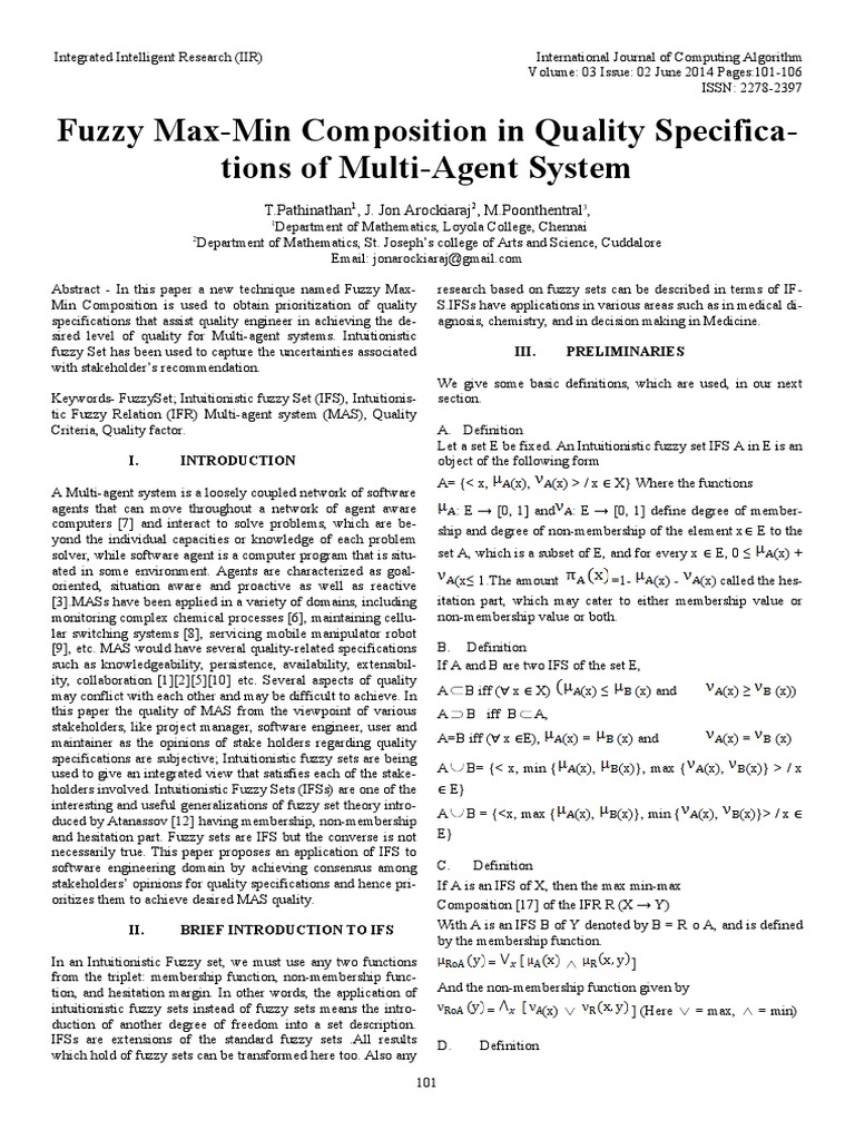 Fuzzy Max-Min Composition in Quality Specifica-Tions of Multi-Agent System | PDF | Fuzzy Logic ...