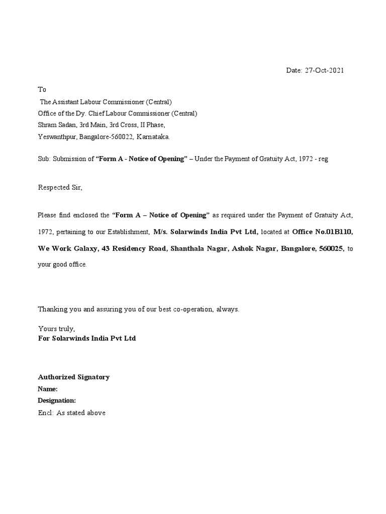 Form A - Covering Letter - Solarwinds - Bangalore | PDF