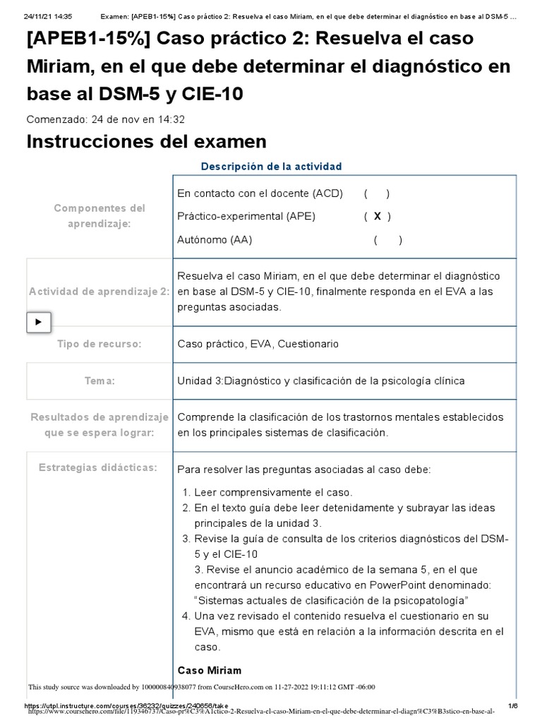 Caso PR Ctico 2 Resuelva El Caso Miriam en El Que Debe Determinar El Diagn Stico en Base Al DSM ...
