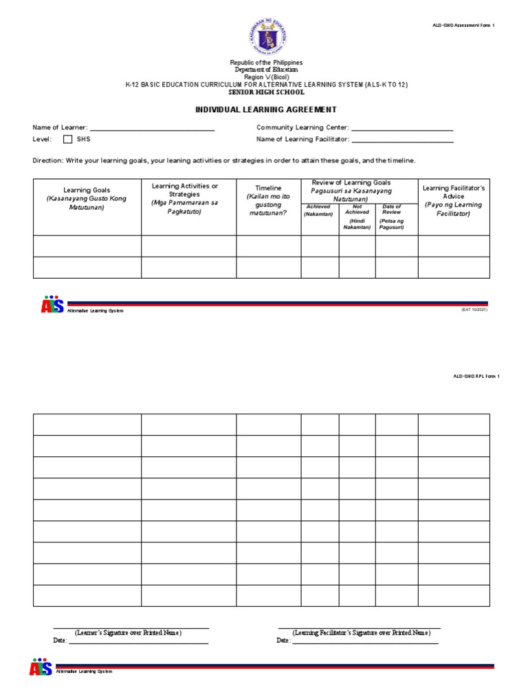 ALS Individual Learning Agreement Form | PDF | Cognitive Science | Teaching