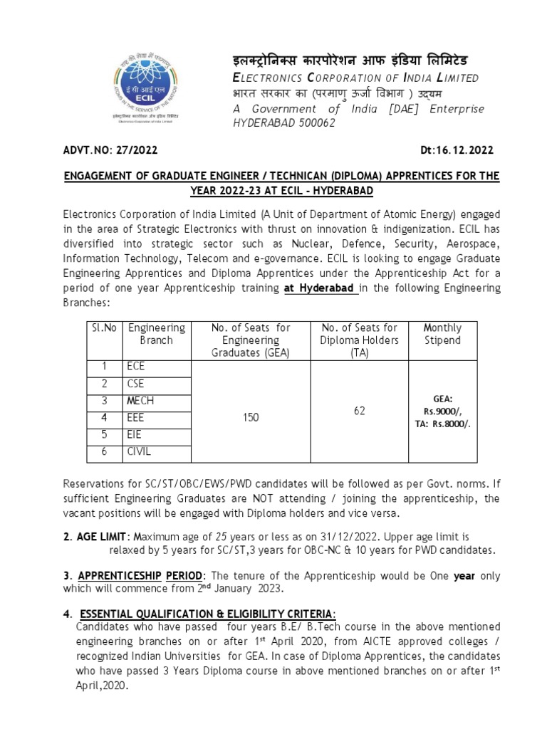 Notification ECIL Graduate Engineering Diploma Apprentice Vacancy | PDF | Apprenticeship ...