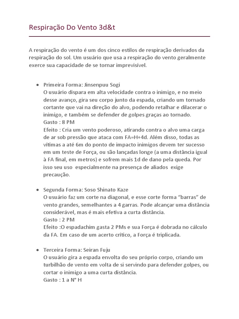 Kaze No Kokyu 3D&T | PDF | Ferimento | Espada