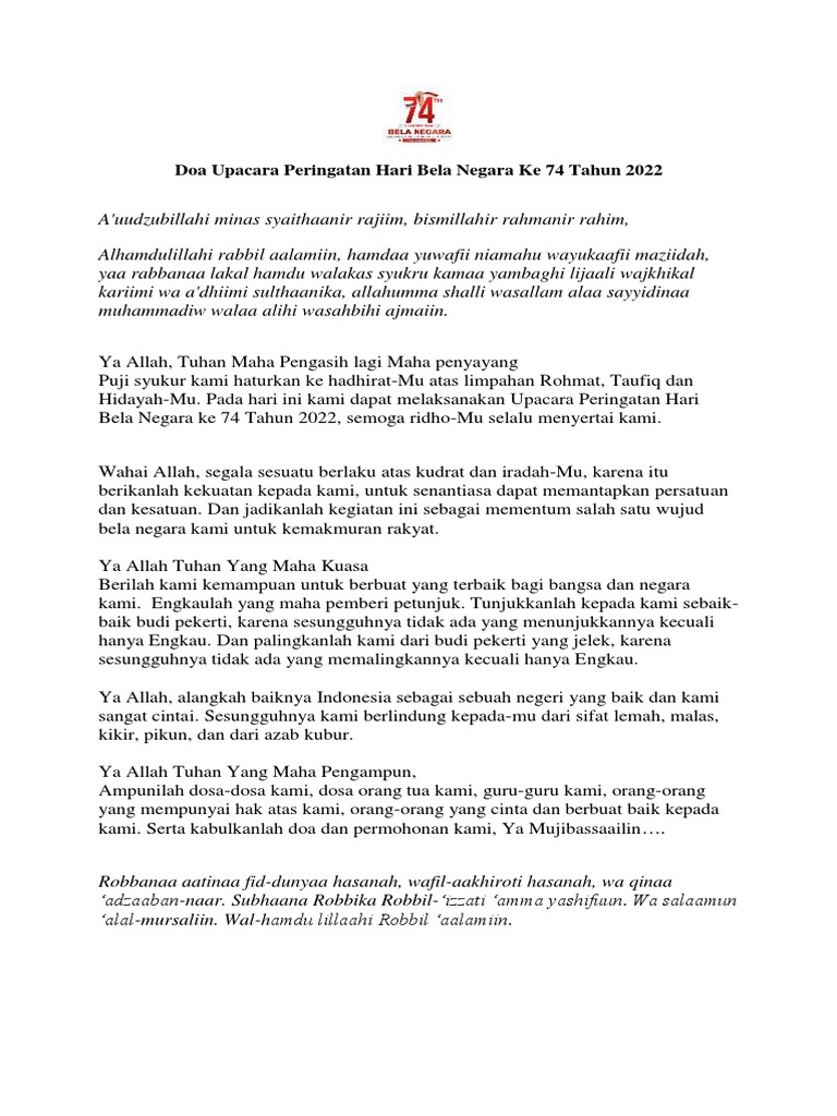 Doa Upacara Peringatan Hari Bela Negara Ke 74 Tahun 2022 | PDF