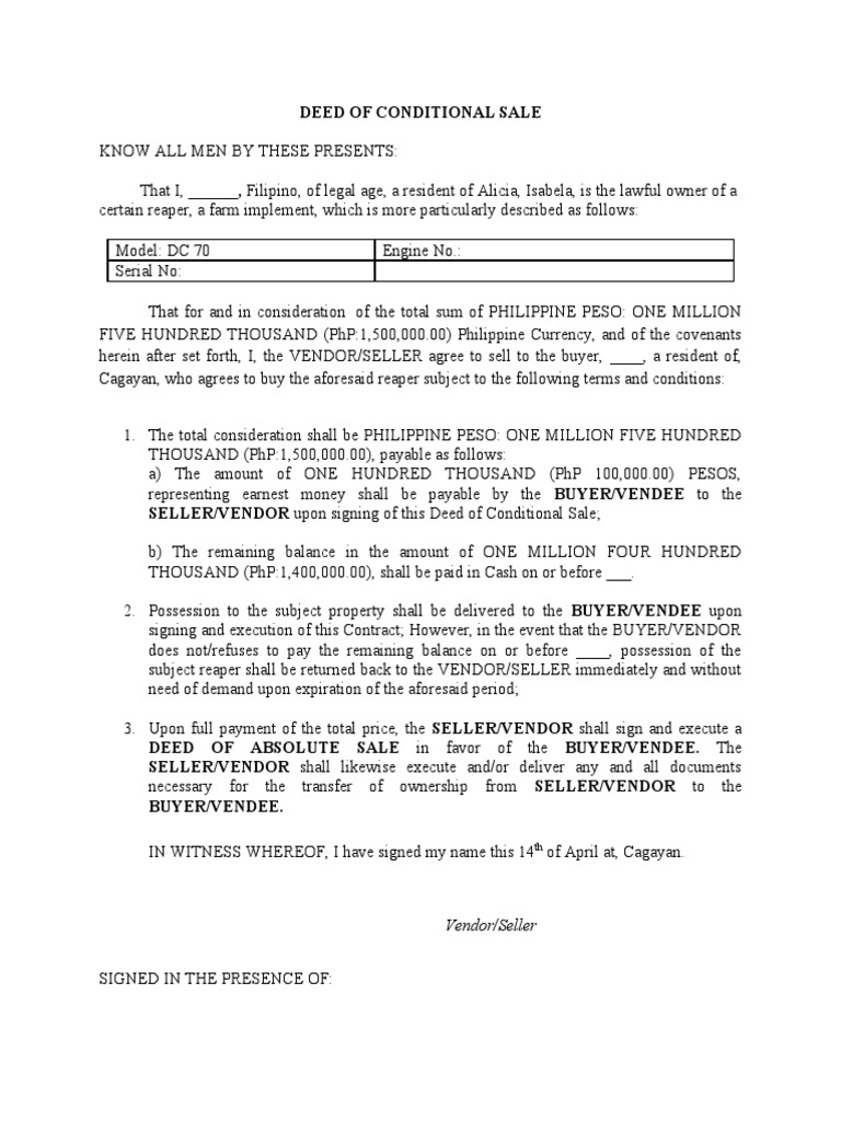 Deed of Conditional Sale Reaper | PDF | Civil Law (Legal System) | Law ...