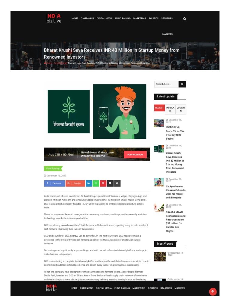 Bharat Krushi Seva Receives INR 43 Million in Startup Money From ...