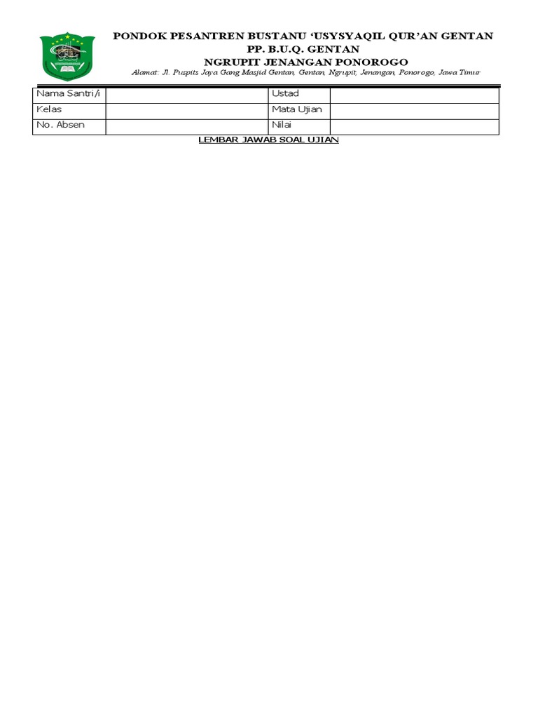 Lembar Nilai Ujian Pesantren Gentan | PDF