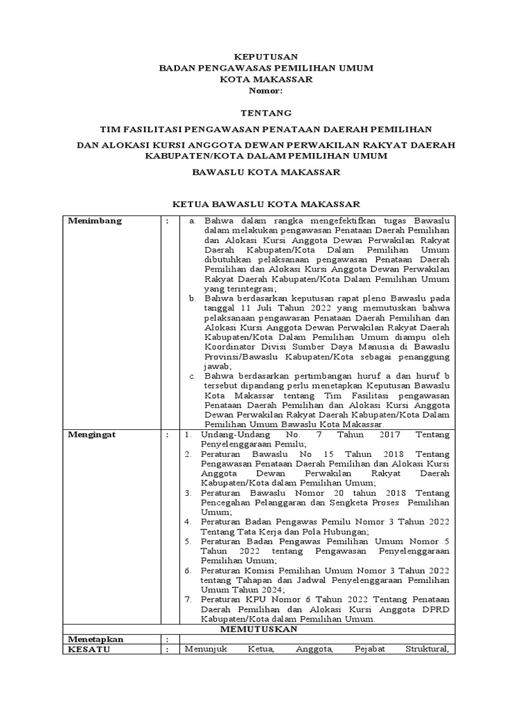 SK Fasilitasi Penataan Dapil & Alokasi Kursi | PDF