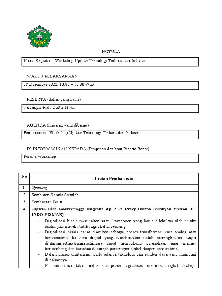 Notulensi Workshop Teknolohi Terbaru Dari Industri | PDF