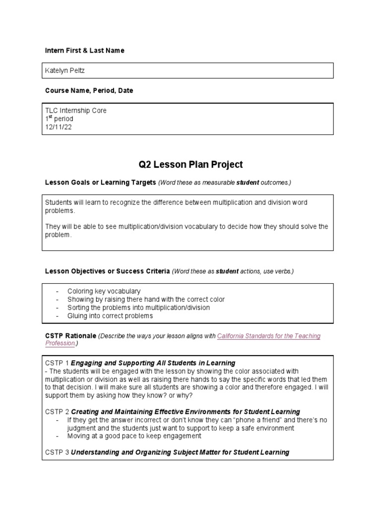q2 CSTP Lesson Plan Template | Download Free PDF | Lesson Plan ...