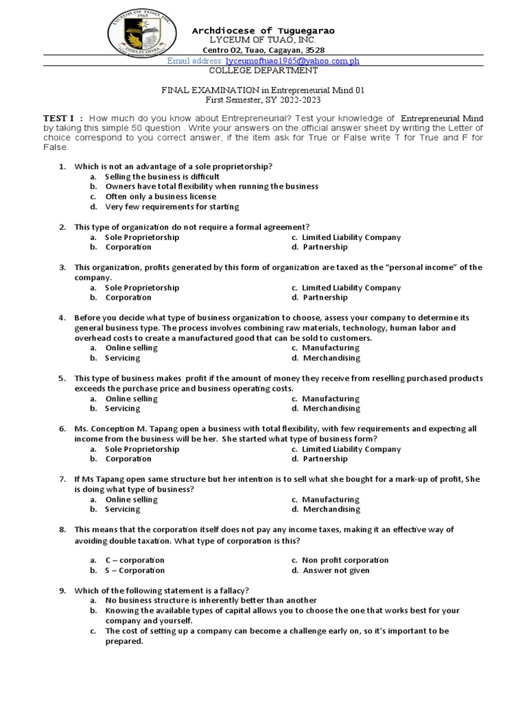 Entrep 1 Test Question Final Exam | PDF | Entrepreneurship | Partnership
