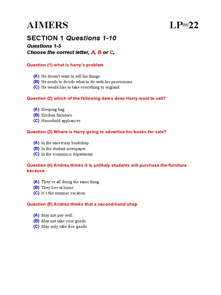 Aimers LP 22: SECTION 1 Questions 1-10 | PDF | Communication | Cognition