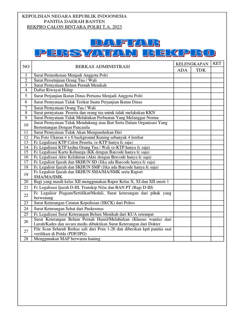 Cek List Persyaratan Pendaftaran Rekpro Ba Polri Ta 2023 - Contoh | PDF