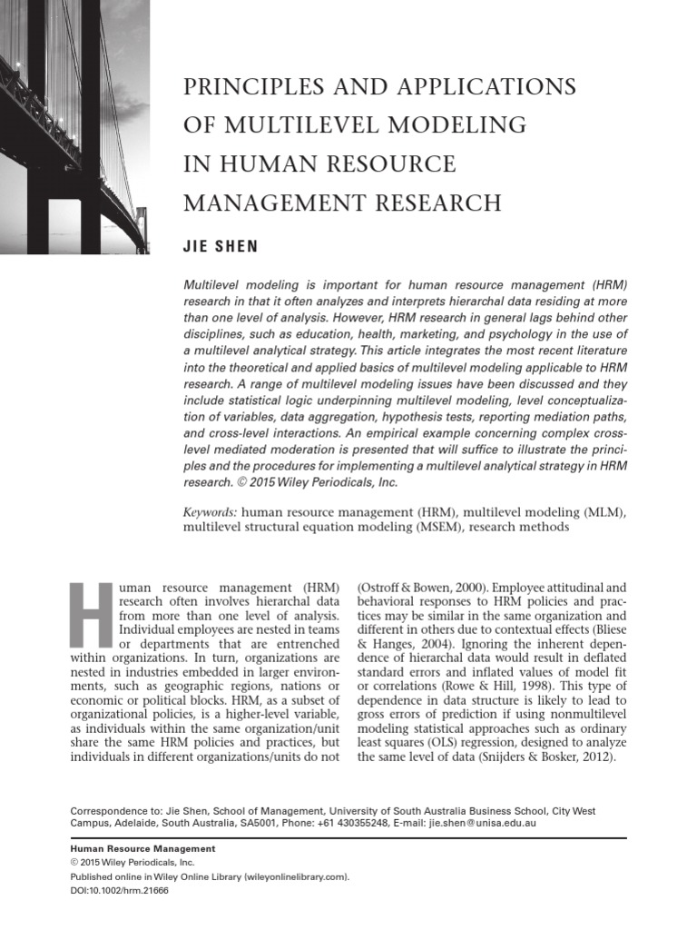 Principles and Applications of Multilevel Modeling in Human Resource Management Research | PDF ...