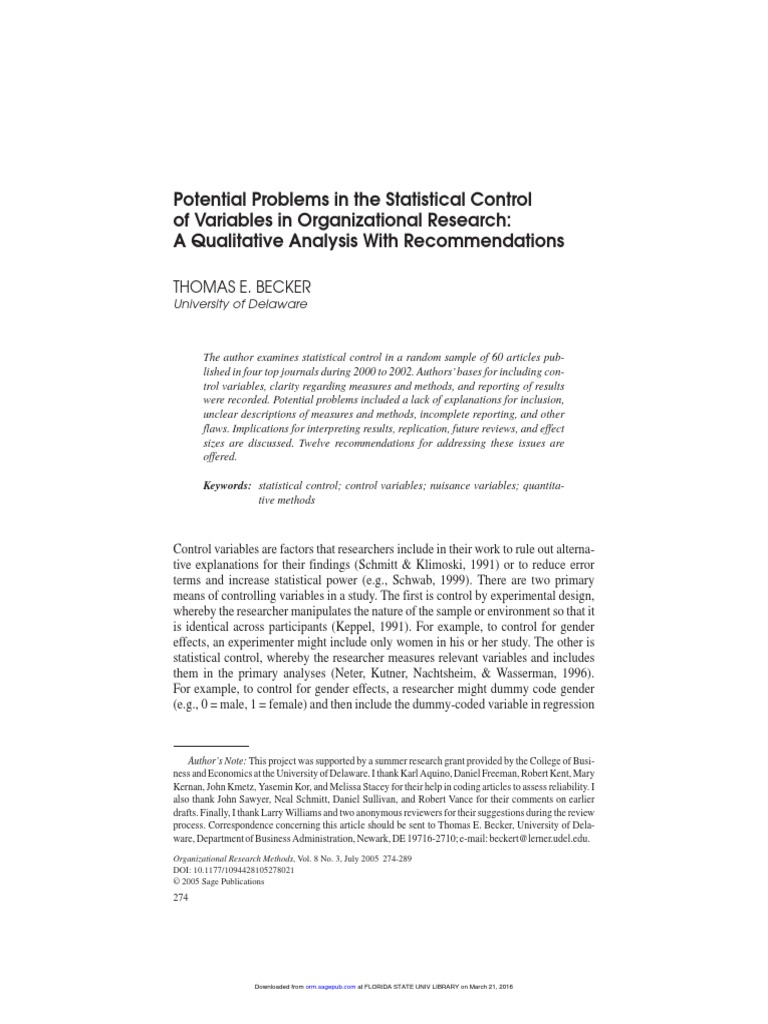 Potential Problems in The Statistical Control of Variables in ... Potential Problems in The Statistical Control of Variables in ...