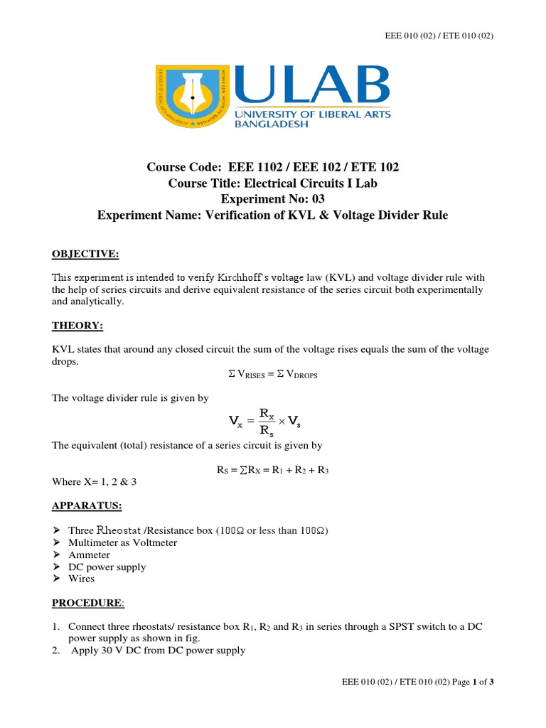 Eee 1102 - Eee 102 - Ete 102 - Experiment 03 | PDF | Voltage | Series And Parallel Circuits