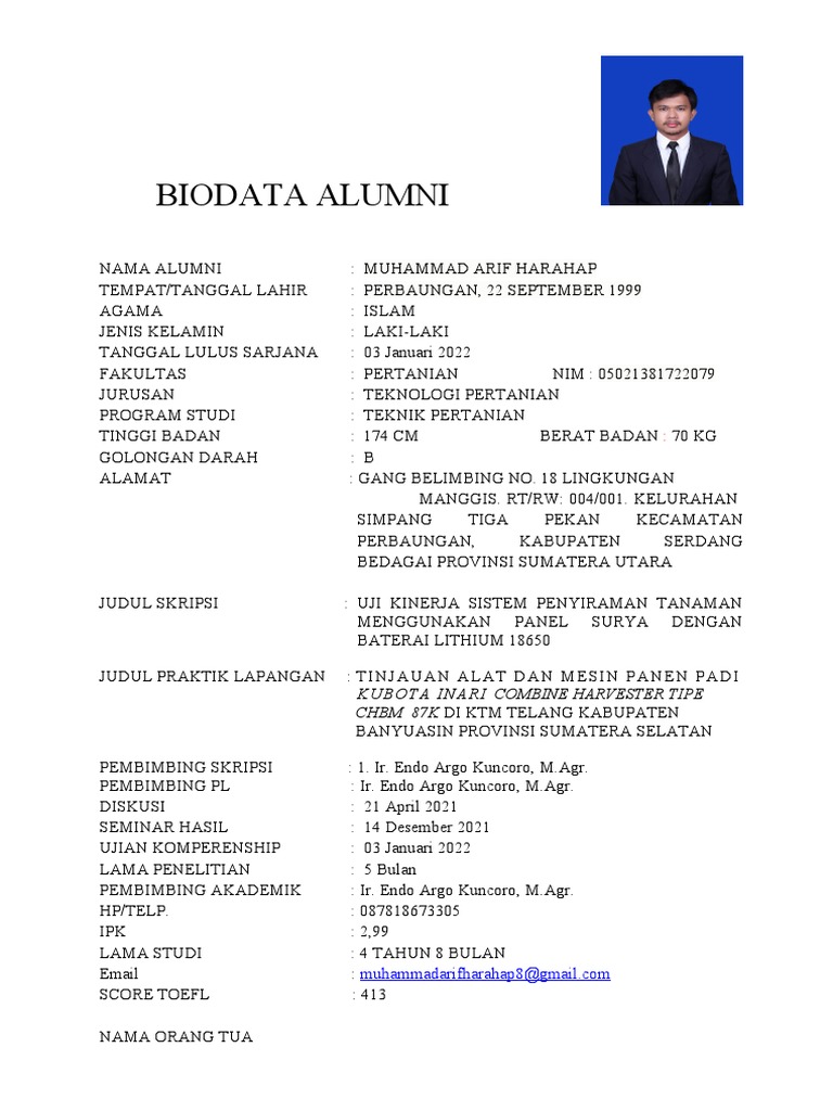 Biodata Alumni - Muhammad Arif Harahap | PDF