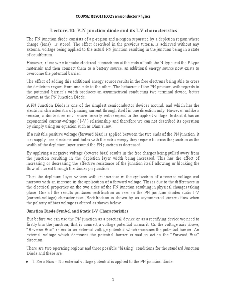 Lecture-10 - P-N Junction Diode and Its I-V Characteristics | PDF | P–N Junction | Diode