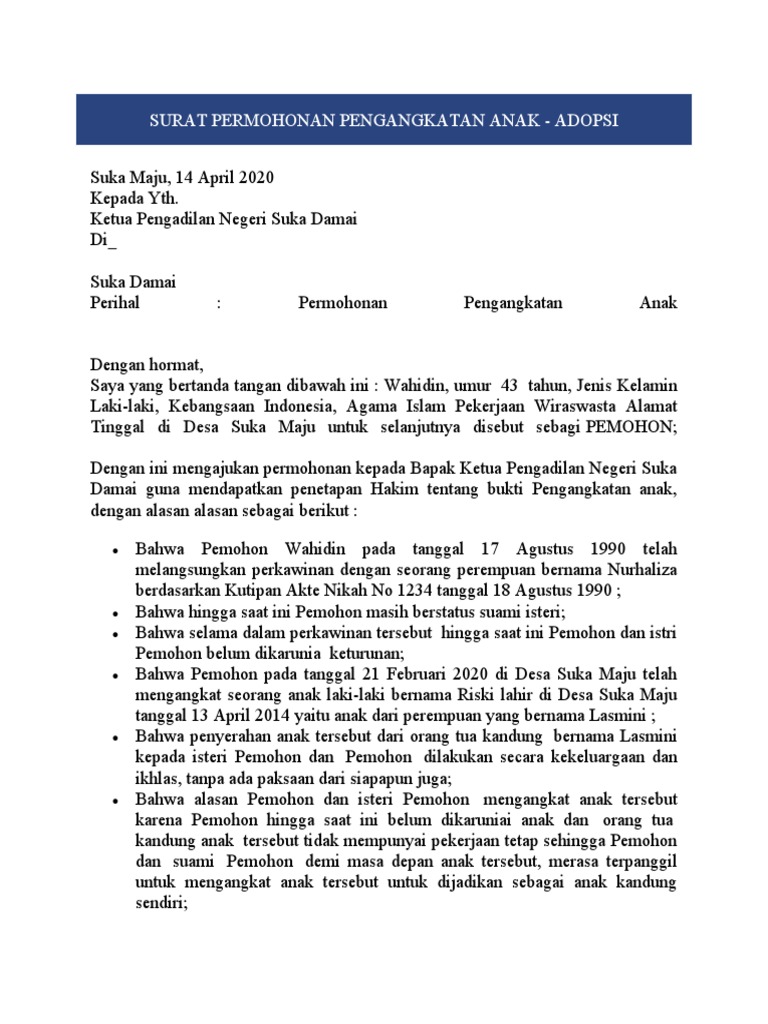 SURAT PERMOHONAN PENGANGKATAN ANAK DLL | PDF