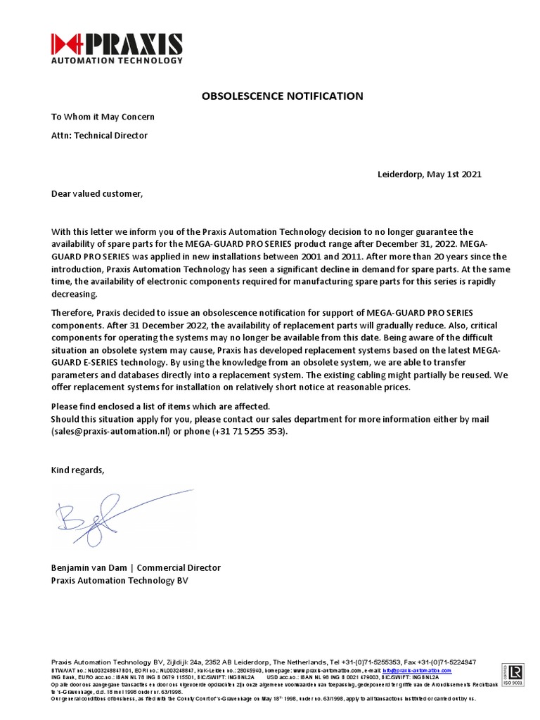Obsolescence Notification Mega-Guard Pro-Series Incl. Item List Rev. 1. ...